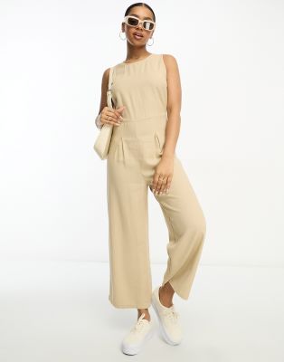 Vero Moda linen touch tie back jumpsuit with pleat front wide leg in ...