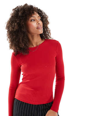 Vero Moda long sleeve baby rib top in red | ASOS