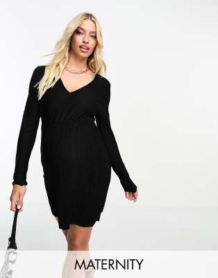 Vero Moda Maternity plisse long sleeve mini dress in black | ASOS