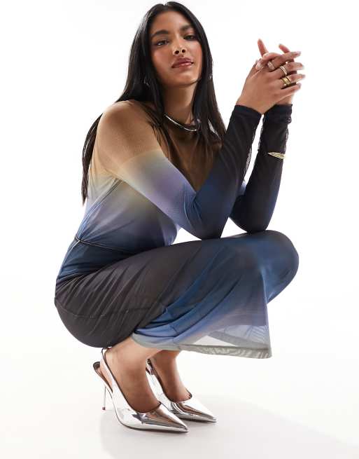 Vero Moda Mesh Ombre Long Sleeve Midaxi Dress In Gray And Brown Asos