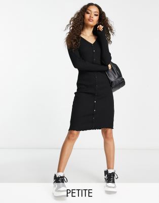Vero Moda Petite ribbed button through midi dress in black | ASOS