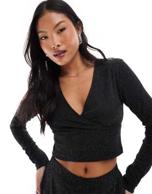 VERO MODA Petite - Top d'ensemble croisé devant - Noir pailleté | ASOS