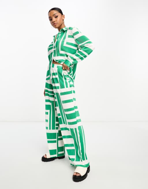 Vero Moda Plisse Printed Wide Leg Trouser Co Ord In Green And White Asos