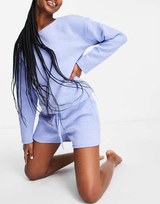 Vero Moda premium ribbed lounge short set co-ord in blue | ASOS