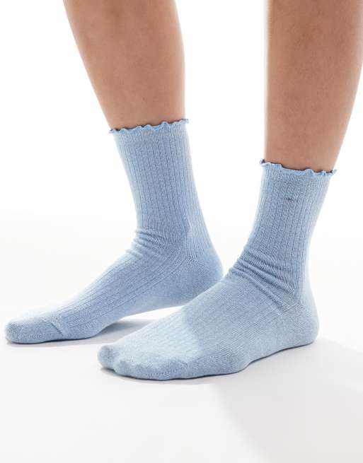 Vero Moda ribbed glitter socks with frill edge in blue | ASOS