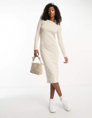 Vero Moda ribbed long sleeve midi dress in cream | ASOS