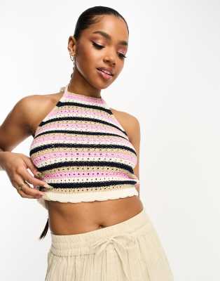 Vero Moda - Top dos nu en maille au crochet à rayures - Bleu marine et rose | ASOS