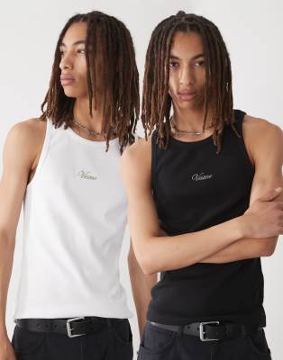 Vertere Berlin 2 pack script logo ribbed fitted singlets in white and ...
