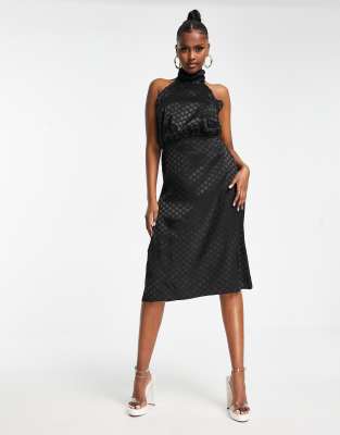 Vesper high neck satin midi dress in black | ASOS