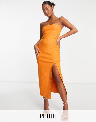 Vesper Petite - Robe mi-longue caraco à bretelles en bengaline - Orange brûlé | ASOS