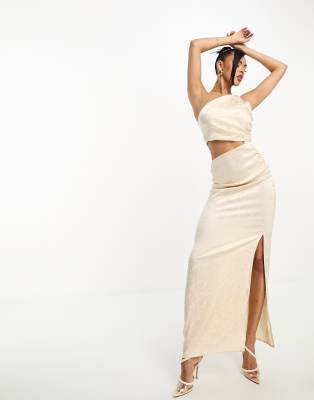 Vesper satin one shoulder cut out maxi dress in cream jacquard | ASOS