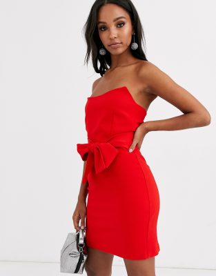 Vesper structured bandeau mini dress with tie waist in red | ASOS