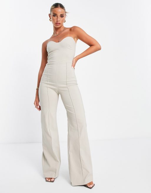Vesper Tuta Jumpsuit A Fascia A Fondo Ampio Color Pietra Con Scollo A