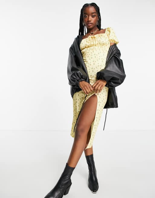 Vestido Amarillo Con Pecho Fruncido Y Mangas Abullonadas De Estilo