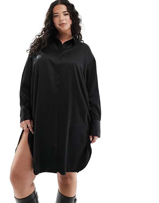 Vestido camisero corto negro de satén de Only Curve | ASOS Vestido camisero corto negro de satén de Only Curve | ASOS