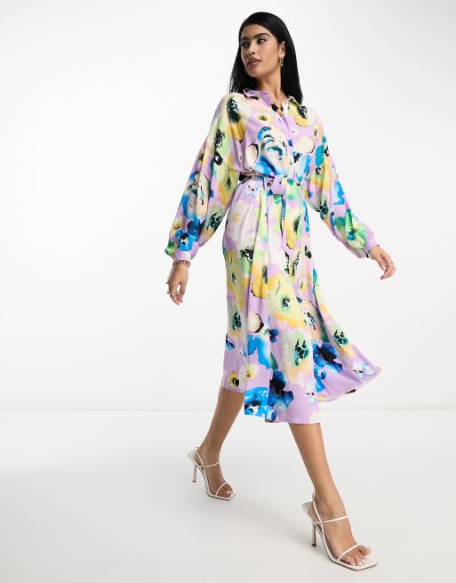 Vestido Camisero Midi De Manga Larga Con Estampado Floral Extragrande