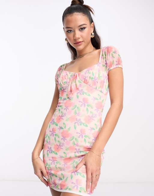 Vestido Corto Estilo Mesonera Con Estampado Floral Retro De Estilo Años