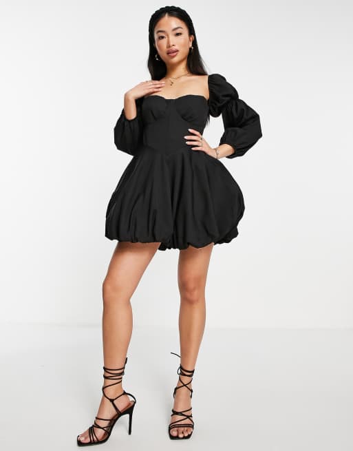 Vestido Corto Negro Con Diseño Estilo Corsé Y Mangas Abullonadas Con