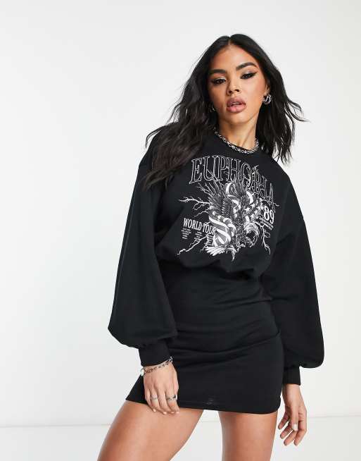 Vestido Corto Negro Estilo Sudadera Con Falda Ajustada Y Detalle