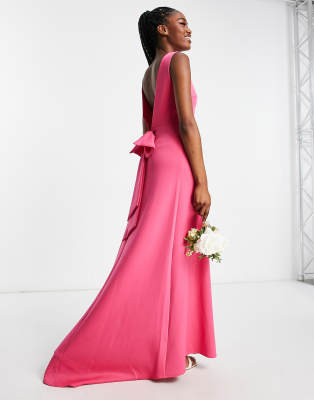 Vestido de dama de honor largo rosa fucsia con lazo en la espalda de ...