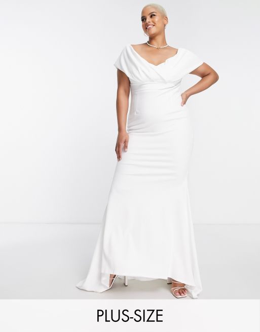Vestido De Novia Largo Color Marfil Con Escote Bardot Cruzado De True