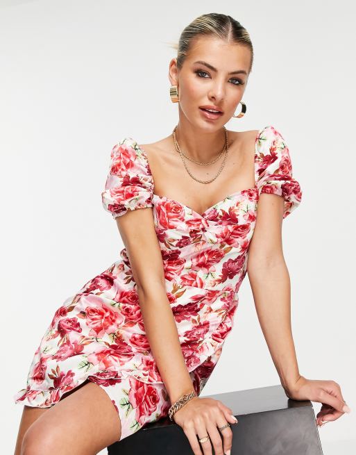 Vestido De Tarde Rosa Con Estampado Floral Escote Cuadrado Y Mangas