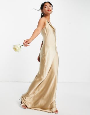 Vestido largo color bronce con cuello desbocado y acabado mate Keisha ...