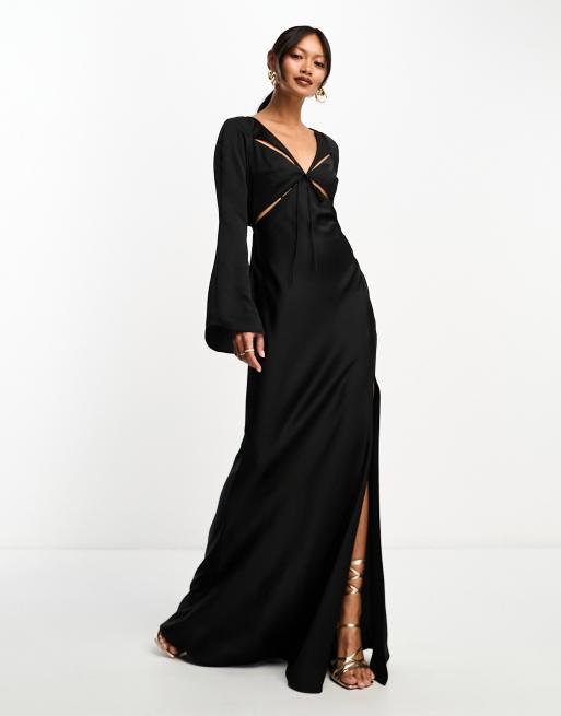 Vestido Largo Negro Con Aberturas Y Mangas Acampanadas De Satén De Asos