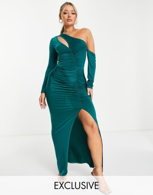 Vestido Largo Verde Esmeralda Con Abertura Y Escote Asimétrico