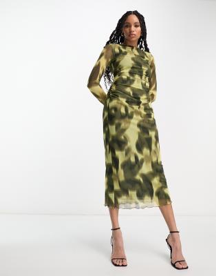 Vestido midi amarillo con estampado de malla de & Other Stories | ASOS