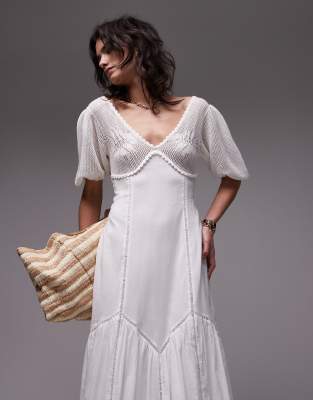 Vestido midi blanco con detalle de croché en el pecho, diseño bordado y ...