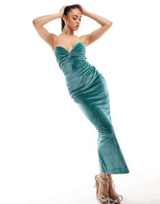 Vestido midi color cerceta con escote palabra de honor y detalle ...