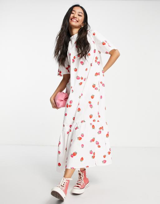 Vestido Midi Color Crema Escalonado De Corte Amplio Con Estampado De