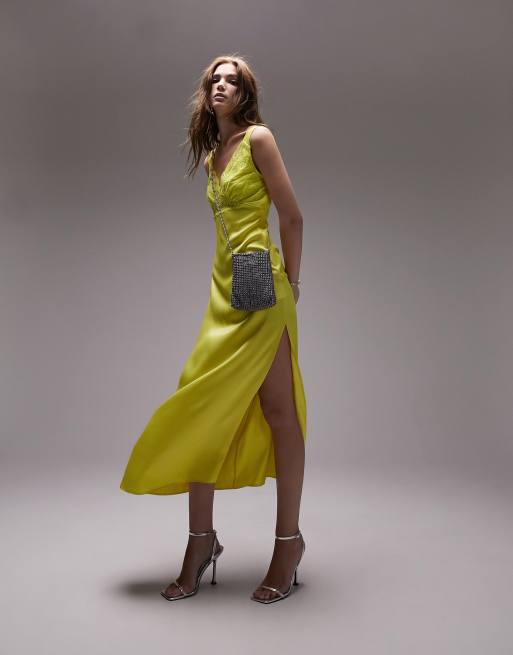 Vestido Midi Color Lima De Tirantes De Satén Y Encaje De Topshop Asos