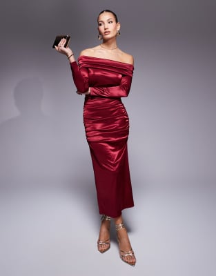 Vestido midi color vino fruncido de manga larga con escote Bardot de ...