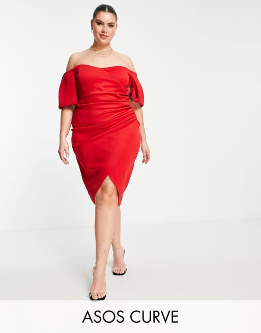 Vestido midi rojo con escote Bardot en forma de corazón, diseño cruzado y detalle recogido de ...