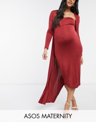 Vestido midi rojo guinda con diseño 2 en 1, escote palabra de honor y ...