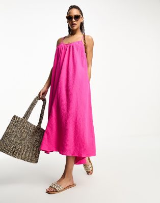Vestido midi rosa de tirantes cómodo de algodón texturizado de Vero ...