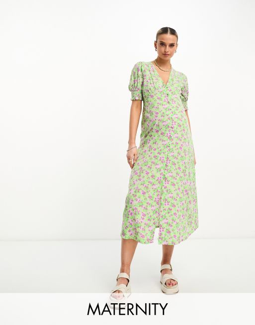 Vestido Midi Verde Con Estampado Floral Y Botones En La Parte Delantera