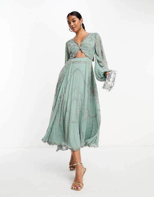 Vestido Midi Verde De Manga Larga Con Adornos Y Aberturas De Asos