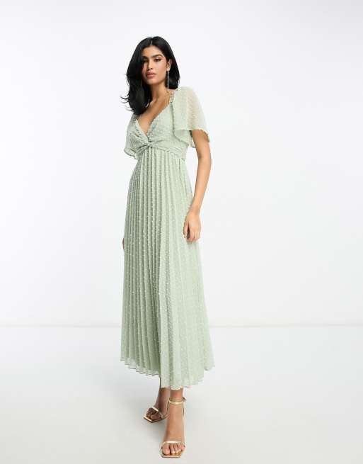 Vestido midi verde salvia con mangas ángel y detalle retorcido en la ...