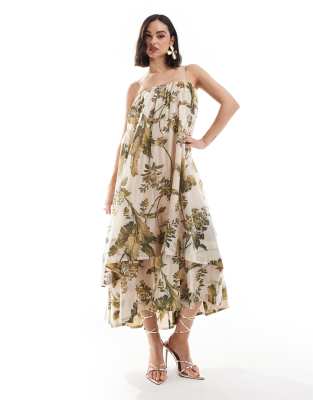 Vestido semilargo con estampado botánico y diseño voluminoso de dos ...