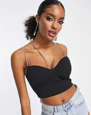 Vila - Crop top avec bretelles à strass - Noir | ASOS