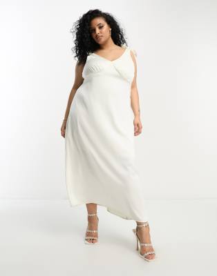 Vila Curve - Robe de mariée caraco longue en satin avec bretelles nouées - Crème | ASOS