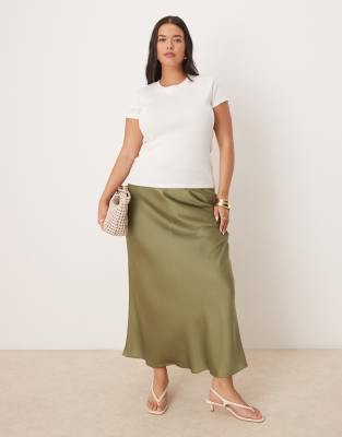 VILA - Curve - Satijnen maxi-rok in oliegroen | ASOS