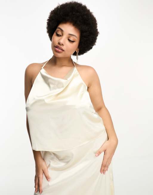 Vila Curve - Top de mariée d'ensemble dos nu en satin avec liens derrière la nuque - Crème | ASOS