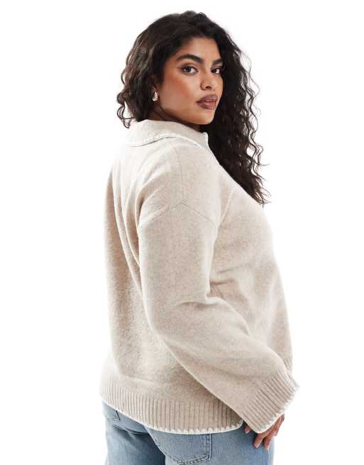 Vila Curve v neck open collar sweater with contrast stitch in beige | ASOS