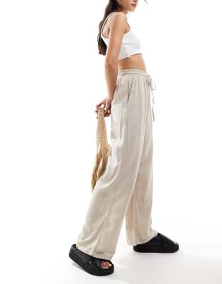 Vila linen touch tie waist wide leg pants in stone | ASOS