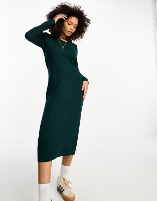 Vila - Robe pull mi-longue en jersey à col rond - Vert foncé | ASOS