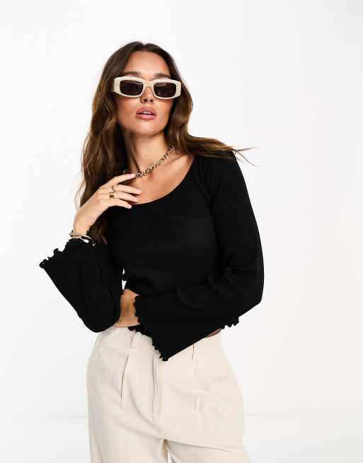 Vila Scoop Neck Long Sleeved T Shirt With Lettuce Edge In Black Asos